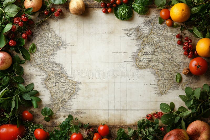 Vintage World Map Surrounded by Fresh Vegetables and Fruits Stock ...