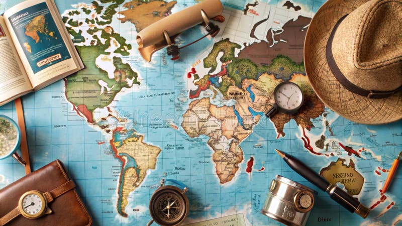 A Vintage World Map with Travel Accessories Stock Image - Image of ...