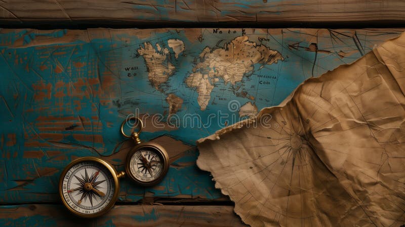 A Vintage World Map with Two Compasses on a Rustic Wooden Table Stock ...