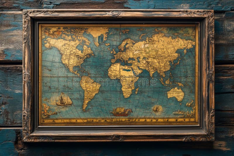 Vintage World Map in a Wooden Frame Hanging on a Rustic Blue Wall ...