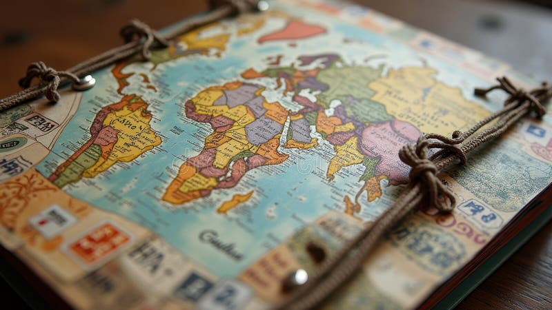 Vintage World Map on Wooden Surface with Rope Embellishments Stock ...