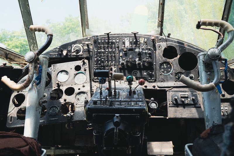 Vintage World War Two Airplane Cockpit with Instrument Panel and Flight ...