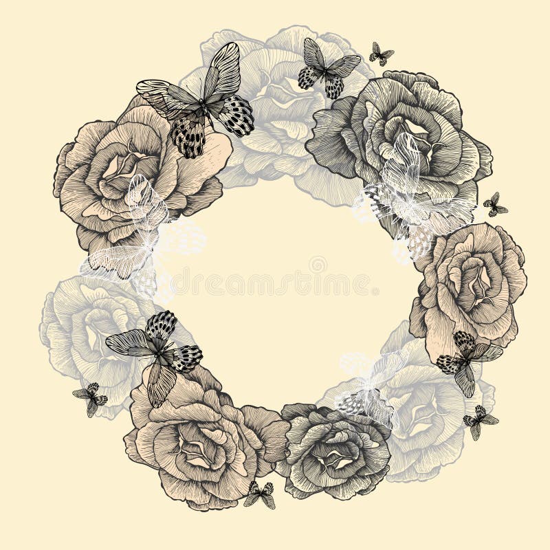 Vintage Wreath of Roses, Butterflies, Hand-drawing Stock Vector ...