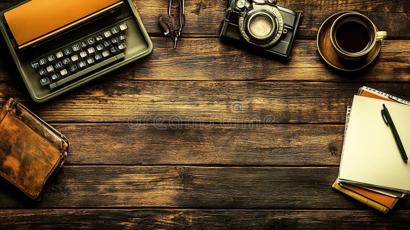 Vintage Writer S Desk Typewriter, Camera, Coffee, Wood Stock Image ...