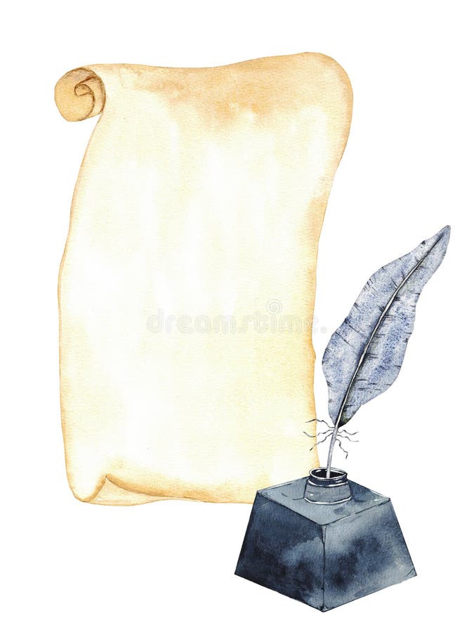 Vintage Writing Concept with Scroll, Feather, Inkwell. Nostalgic Design ...