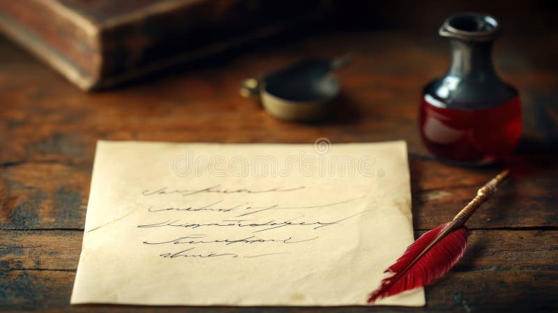 Vintage Writing Scene with Feather Quill, Ink Bottle, and Handwritten ...