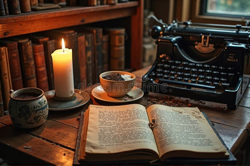 Vintage Writing Scene: Open Book, Typewriter, Candlelight, Coffee, Cozy ...