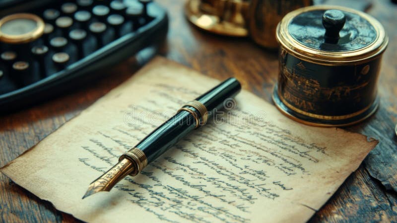Vintage Writing Setup: Gold Pen on Antique Letter Stock Illustration ...