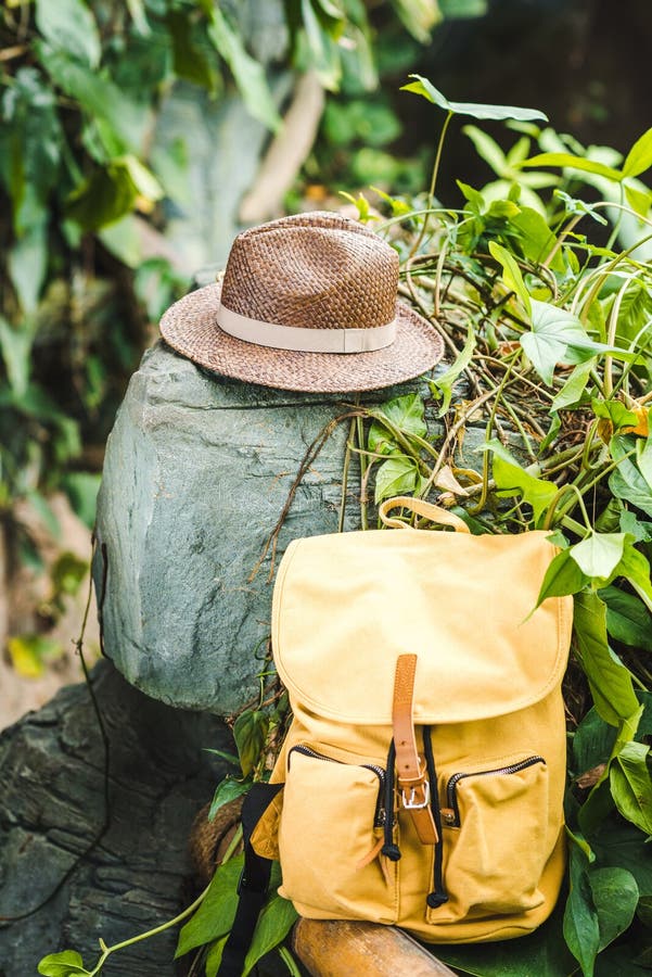 Vintage Yellow Backpack and Straw Hat on Rock in Jungle Stock Image ...