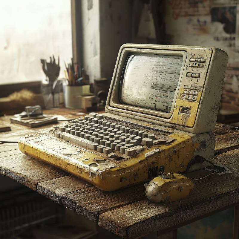 Retro Computer Workstation in Rustic Setting Stock Photo - Image of ...
