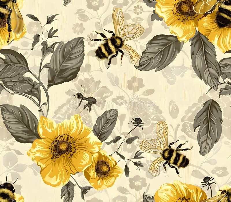 Vintage Yellow Flowers and Bees Art Design Stock Illustration ...