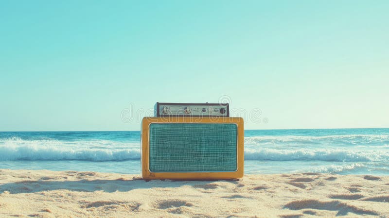 Vintage Yellow Radio on Sandy Beach with Ocean Waves Stock Illustration ...