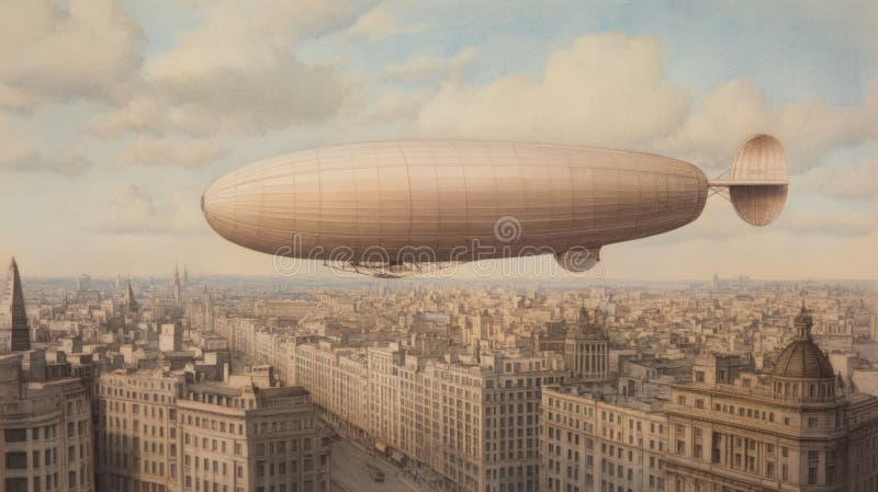 Vintage Zeppelin Floating Over Historic Cityscape Under Blue Sky Stock ...