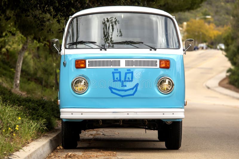 Vintageblue Bus with a Smiley Face on the Front Stock Image - Image of ...