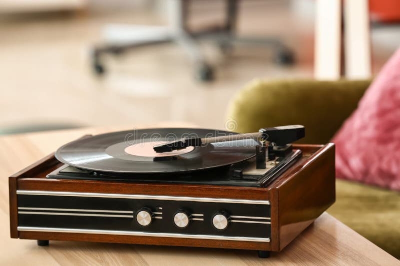 Record Player with Vinyl Disc on Table in Room Stock Image - Image of ...