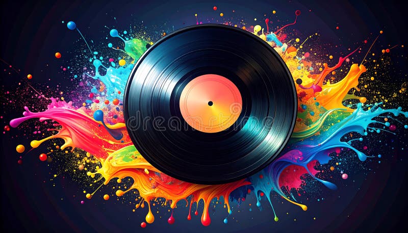 Vinyl Record Bursting with Vibrant Paint Splashes, a Dynamic Abstract ...