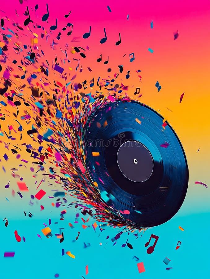 A Vinyl Record with Colorful Music Notes Flying Out of it Stock Photo ...