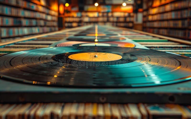Vinyl Record with Copy Space in Front of Collection of Albums Vintage ...
