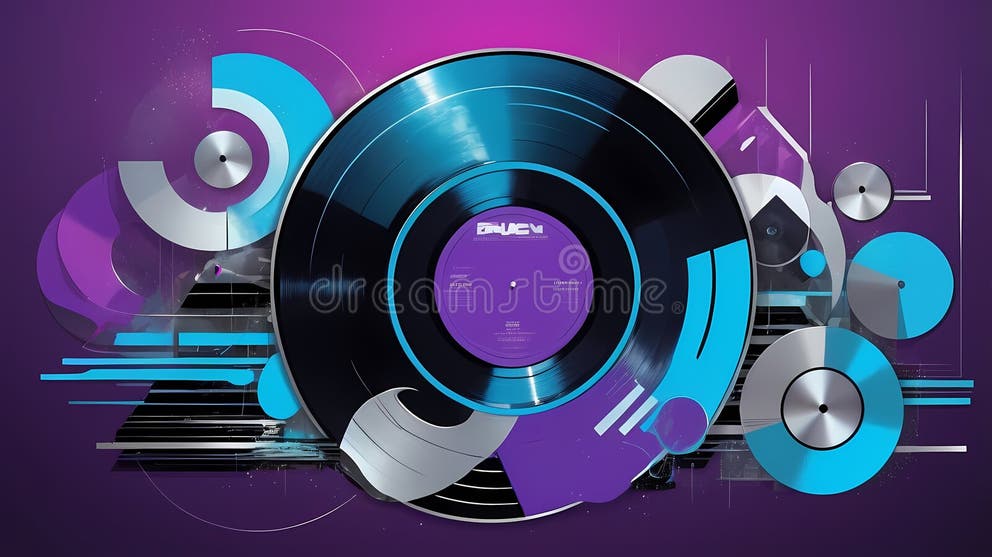 Vinyl Record Display with Abstract Shapes and Purple Gradient Backdrop ...