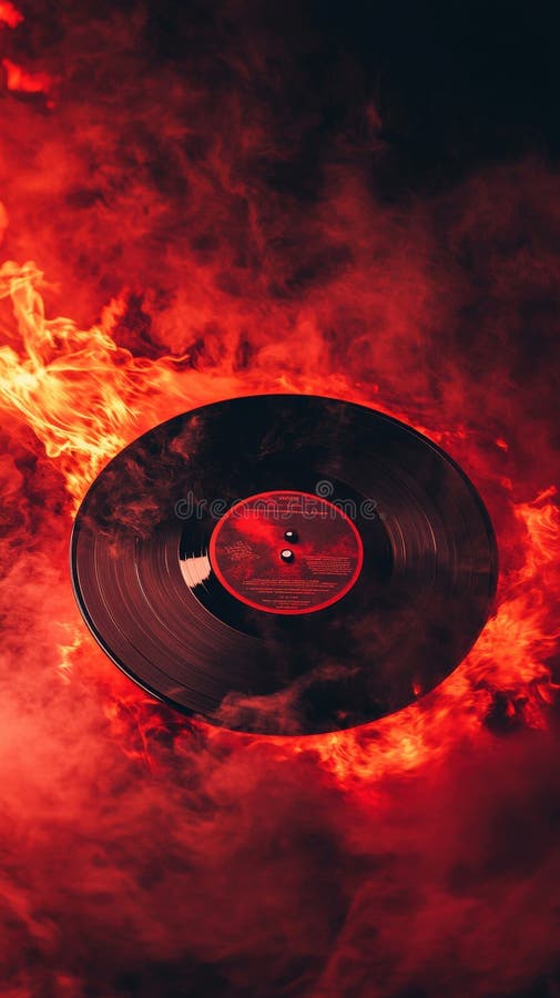 Fiery Vinyl Record in Flames with a Dramatic Red Background Stock ...