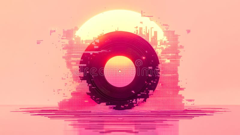 Vinyl Record Glitching in a Pink and Yellow Vaporwave Background Stock ...