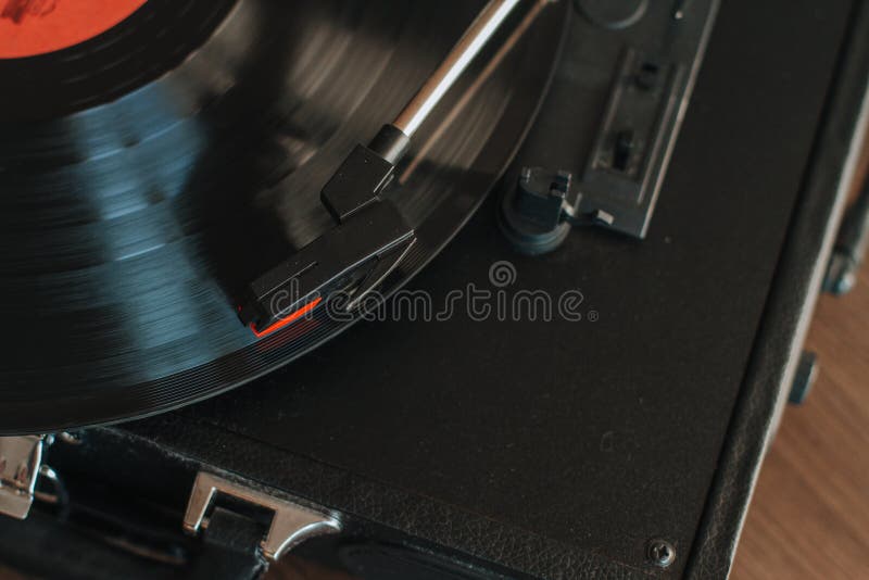 Vinyl Record on a Modern Portable Turntable, Top View Stock Photo ...