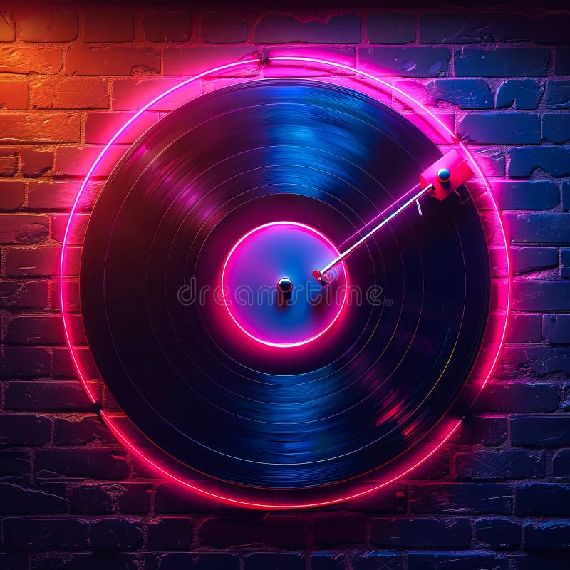 A Vinyl Record with Neon Lights on a Brick Wall Stock Illustration ...