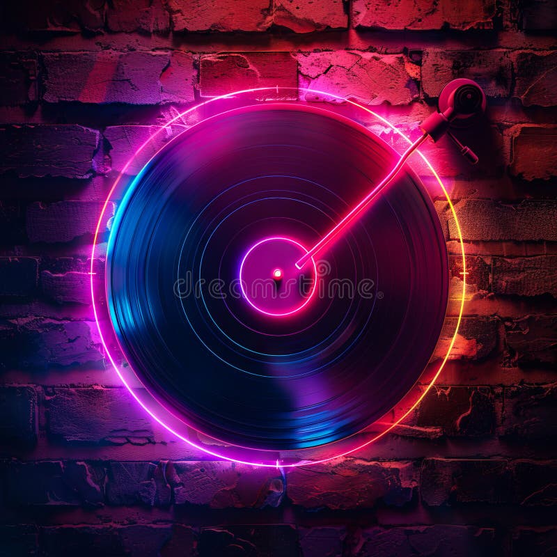 A Vinyl Record with Neon Lights on a Brick Wall Stock Illustration ...