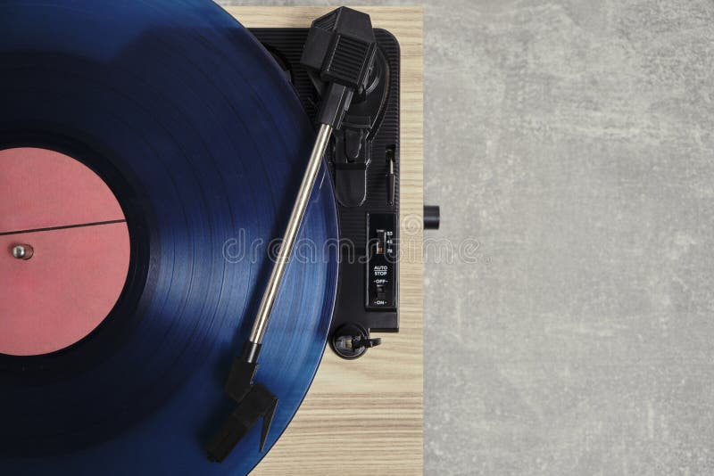 Vinyl Record Player with Blue Record Installed Top View Gray Background ...