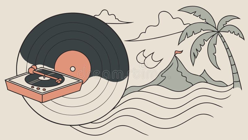 Vinyl Record Player on Island with Waves and Palm Trees, Vector Design ...