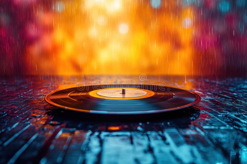 Vinyl Record Resting on Glossy Surface Surrounded by Vibrant Splash of ...
