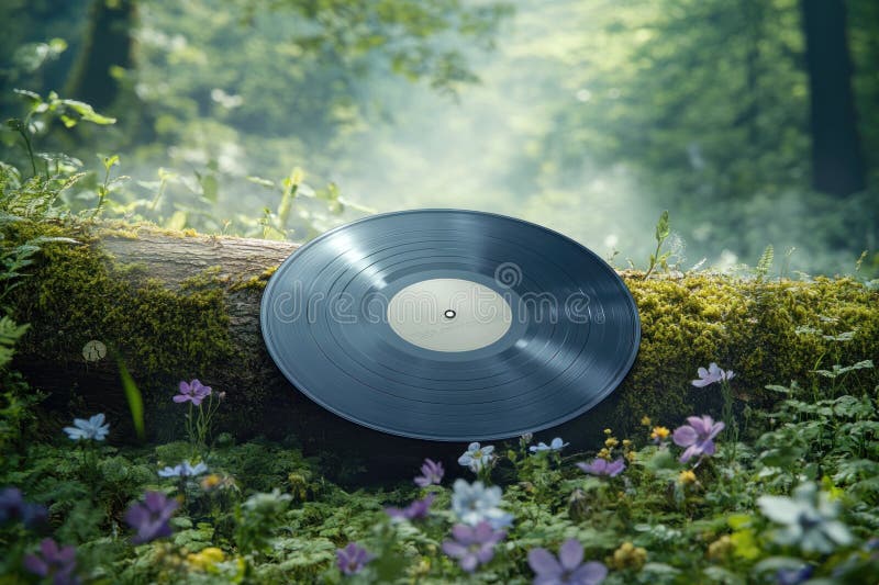 Vinyl Record Resting on Mossy Log Surrounded by Vibrant Wildflowers in ...