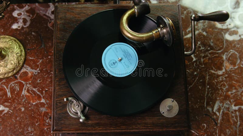 Vinyl Record Spinning on Vintage Old Gramophone - Top View Stock ...
