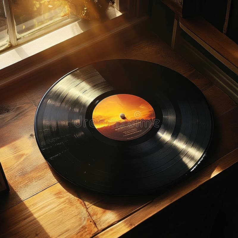 Vinyl Record with Sunset Label on Wooden Surface Stock Illustration ...