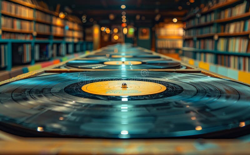 Vinyl Record on the Table with Blur Bookshelf Background Stock Image ...