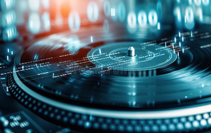 Vinyl Record Turntable with Digital Data Overlay in a Modern Electronic ...