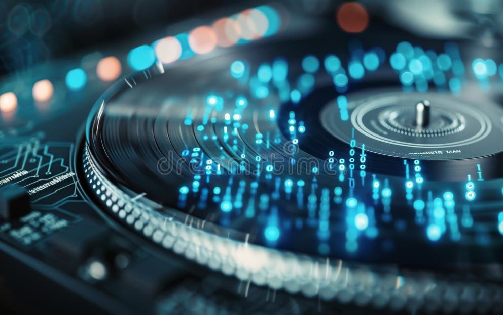 Vinyl Record Turntable with Digital Data Overlay in a Modern Electronic ...