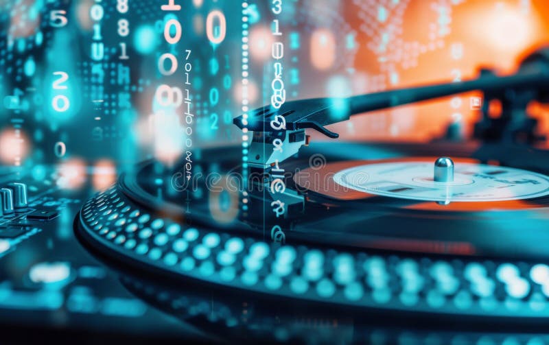 Vinyl Record Turntable with Digital Data Overlay in a Modern Electronic ...