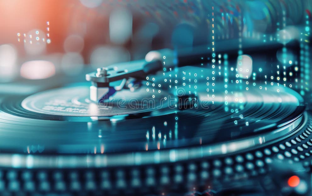 Vinyl Record Turntable with Digital Data Overlay in a Modern Electronic ...