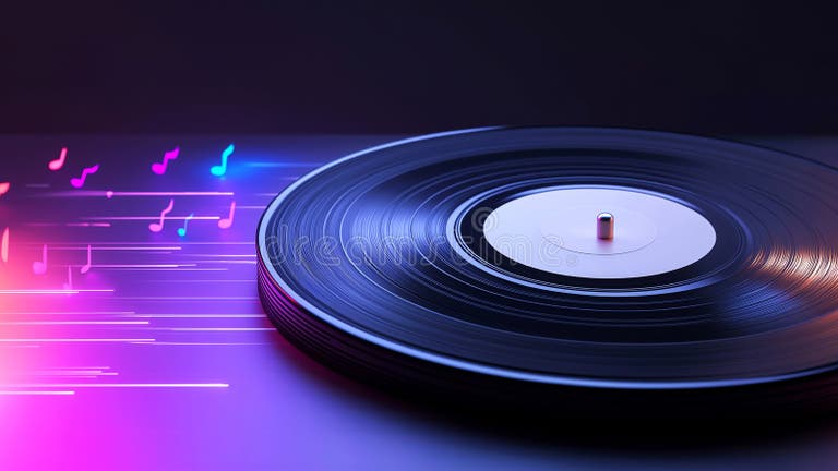 Vinyl Record on Turntable with Neon Music Notes in Motion Stock ...