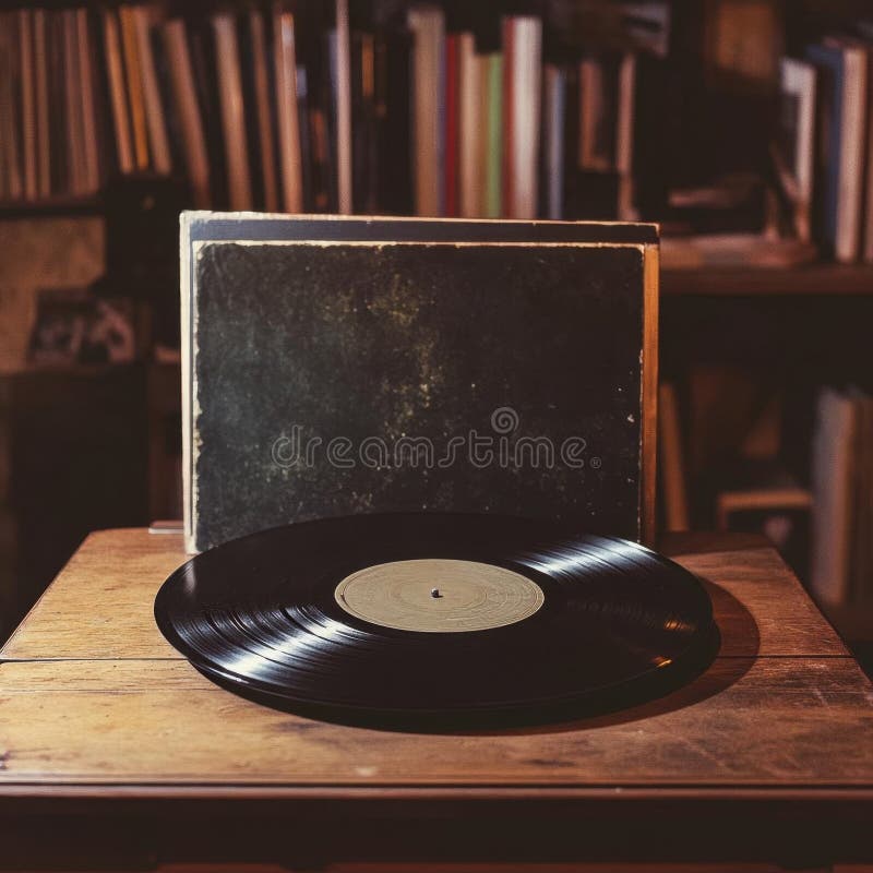 Vinyl Record on a Wooden Surface with Bookshelf in the Background Stock ...
