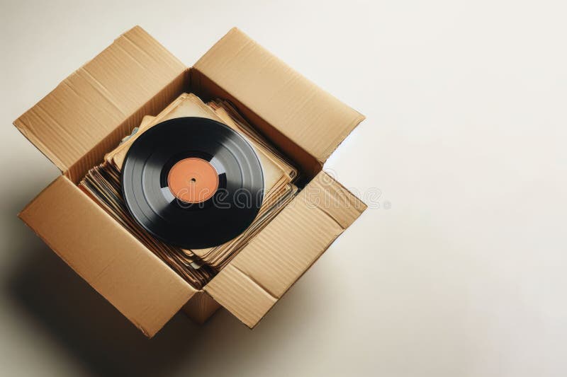 Vinyl Records Lying in a Cardboard Box. Space for Text. Stock Photo ...