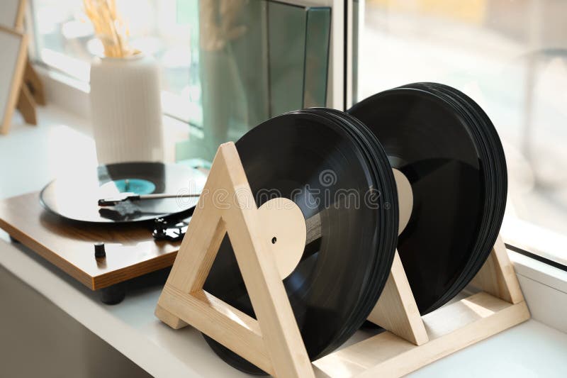 Vinyl Records and Player on White Windowsill Indoors Stock Photo ...