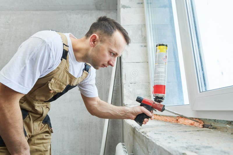 Vinyl Windowsill Installation. Filling Polyurethane Foam Stock Photo ...