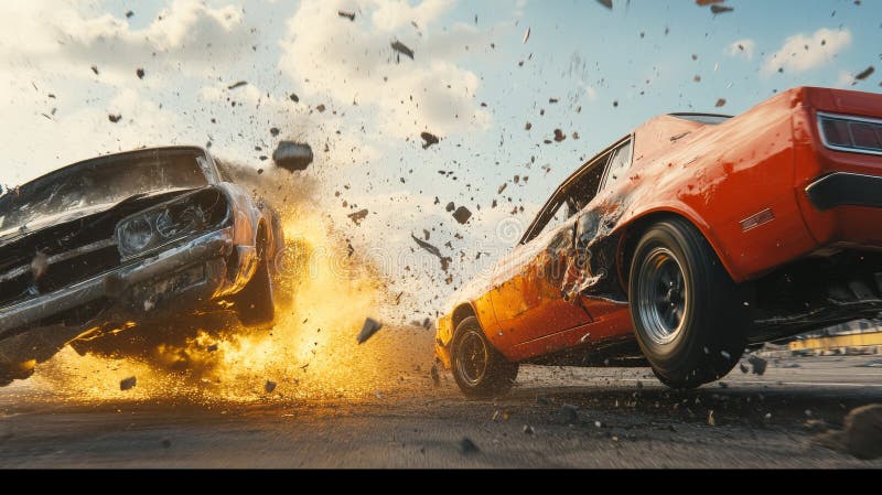 Violent Car Crash with Two Muscle Cars in a Dramatic Explosion Stock ...