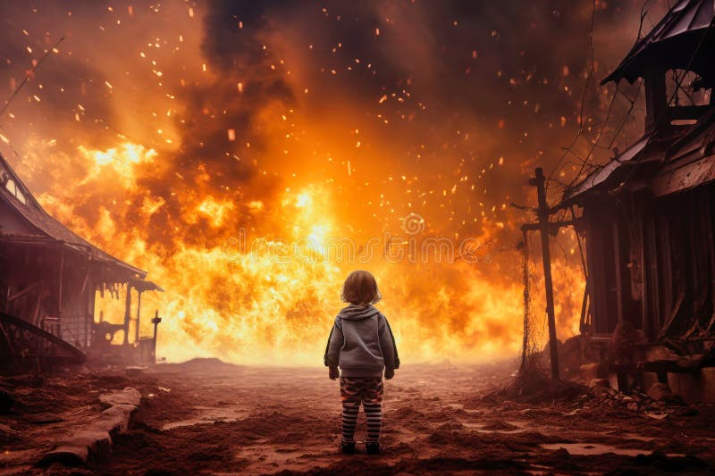 Violent Explosion Against the Backdrop of the House. a Child Watches ...