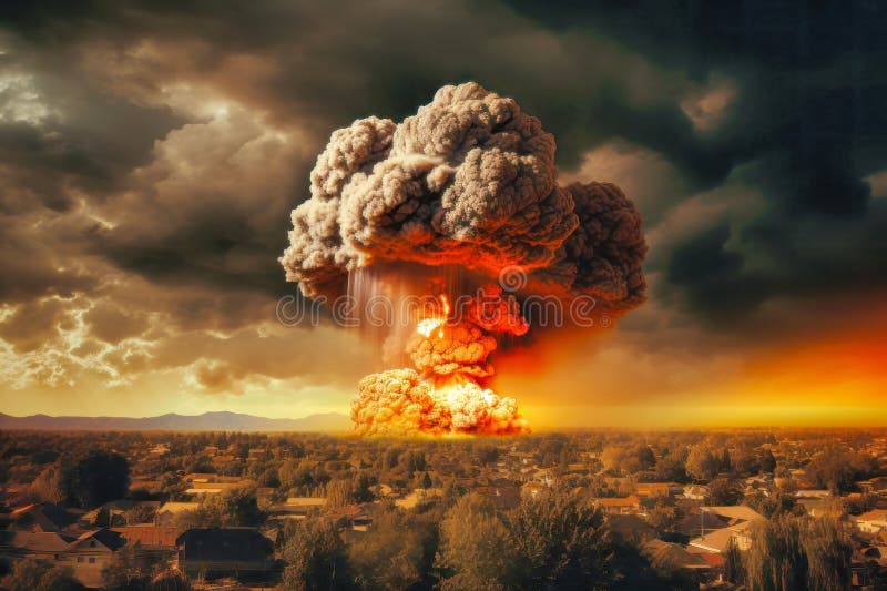 Violent Explosion Against the Backdrop of a Large City. Sunset ...