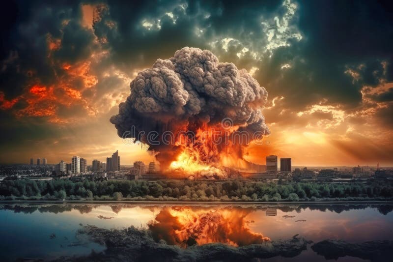 Violent Explosion Against the Backdrop of a Large City. Sunset ...