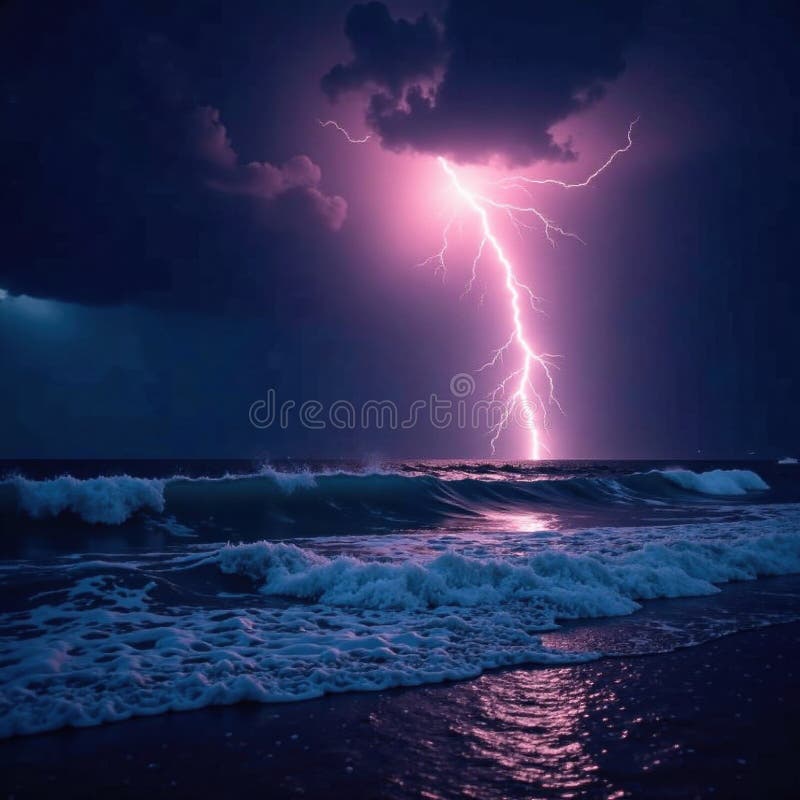 Violent Ocean Storm at Night, Electric Lightning Illuminates Waves ...