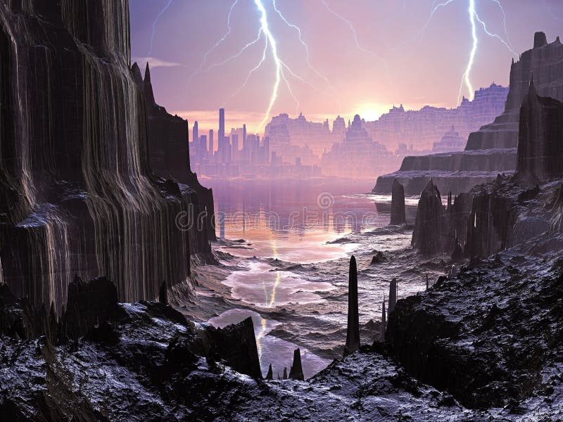 Lightning Storm Over Ancient Alien City Landscape Stock Illustration ...
